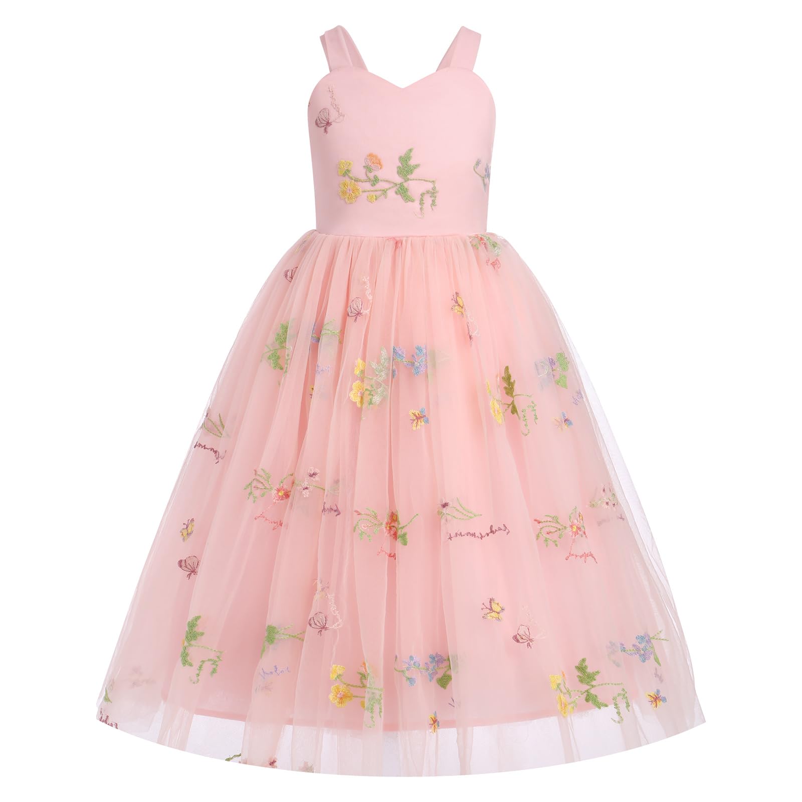 Flower Girl Embroidery Dress Sleeveless Spaghetti Straps Floral Embroidered Tulle Dress Girls ...