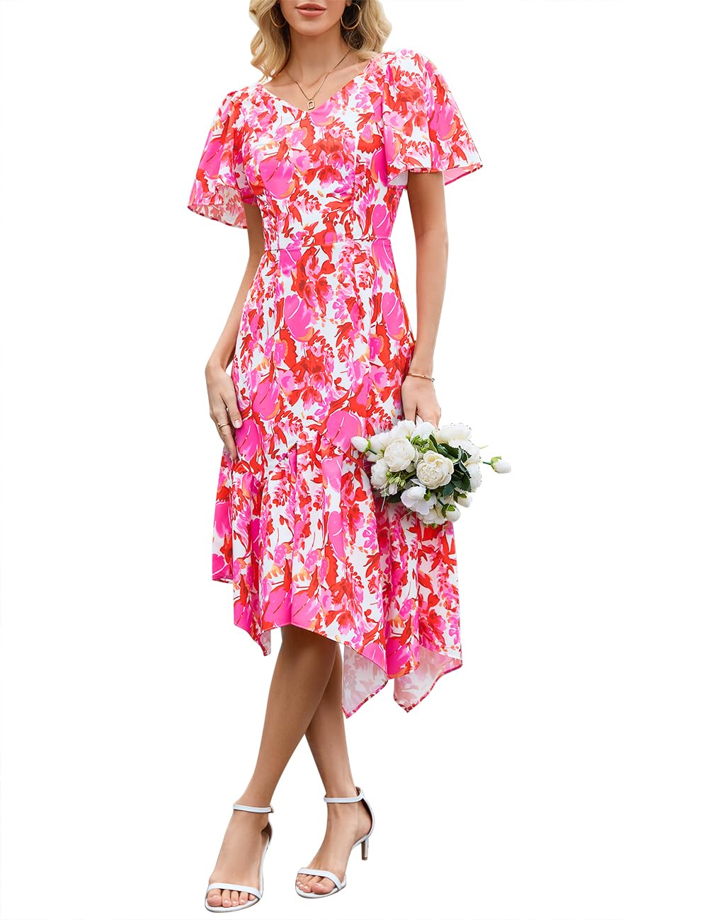 Dressystar Women Floral Spring V Neck Midi Sun Dress Flowy Tropical ...