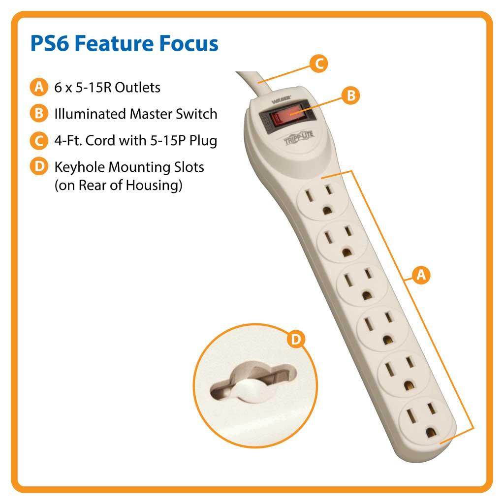 Amazon.com: Tripp Lite 6 Outlet Home & Office Waber Power Strip, 4ft ...
