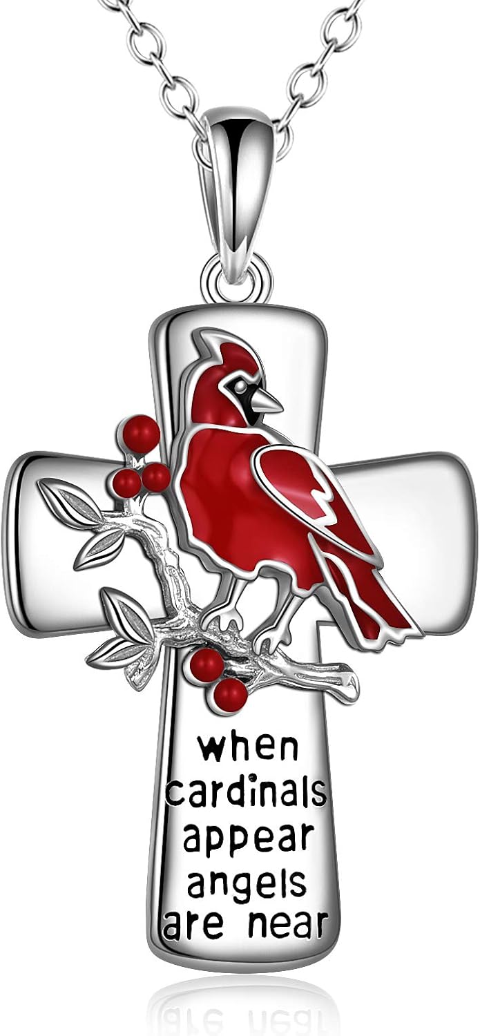 POPLYKE Cardinal Cross Necklace Memorial Gifts for Women Sterling ...