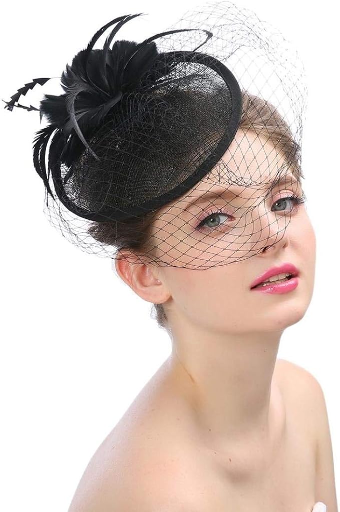 Elodiey Women Hat Women Feathers Cocktail Mesh Hat Net Party Headdress ...