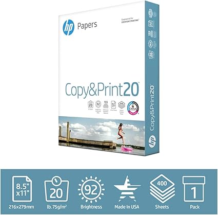 HP Printer Paper 8.5x11 Copy&Print 20 lb 1 Pack 400 Sheets 92 Bright ...