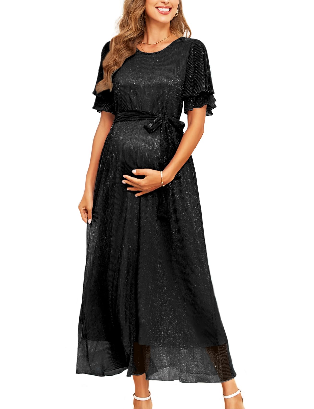 AISWI 2025 Maternity Sparkly Mesh Maxi Flowy Dress with Belt Ruffle ...