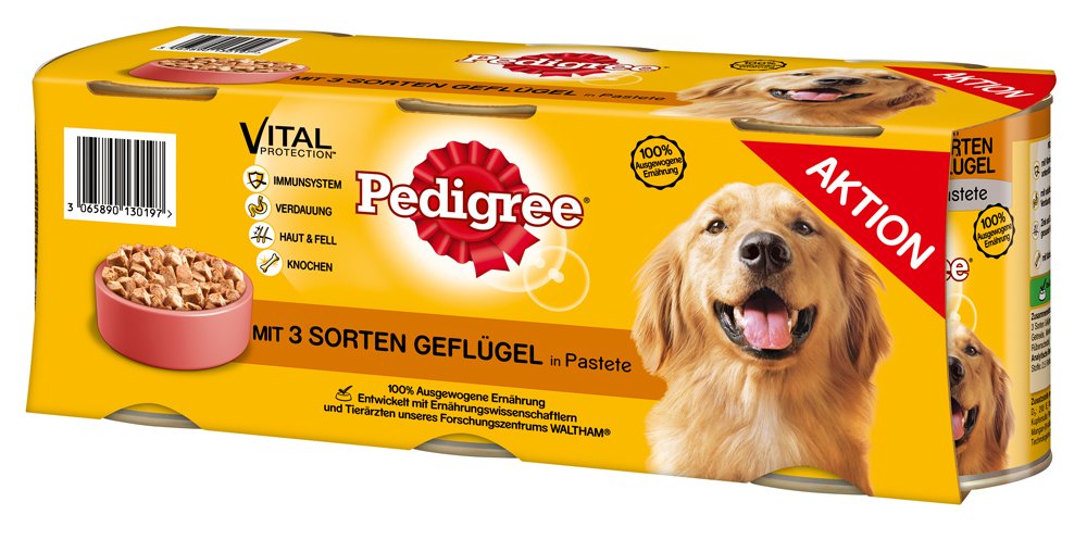Pedigree Hundefutter 3 Sorten Geflügel in Pastete, 12 Dosen (4 x 3 x ...