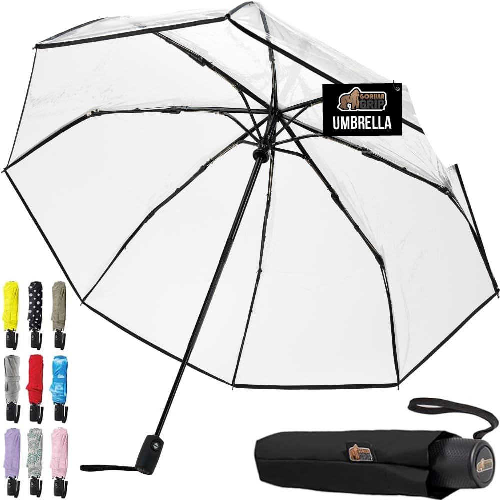 GORILLA GRIP Compact Stick Umbrella for Rain, Travel One-Click ...