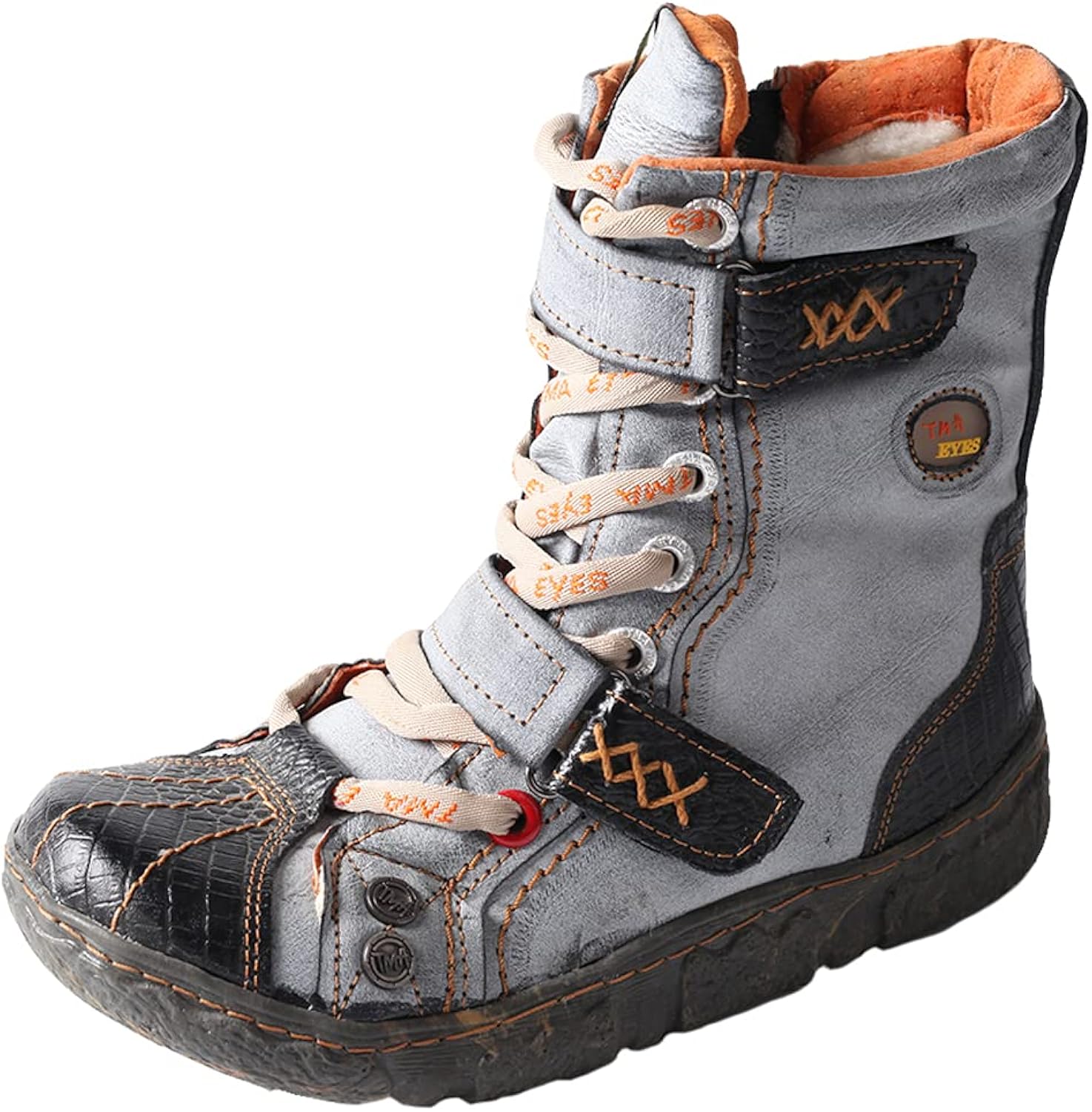 TMA EYES Double-Strape Washed PU Leather Women's Boot With Faux Fur ...