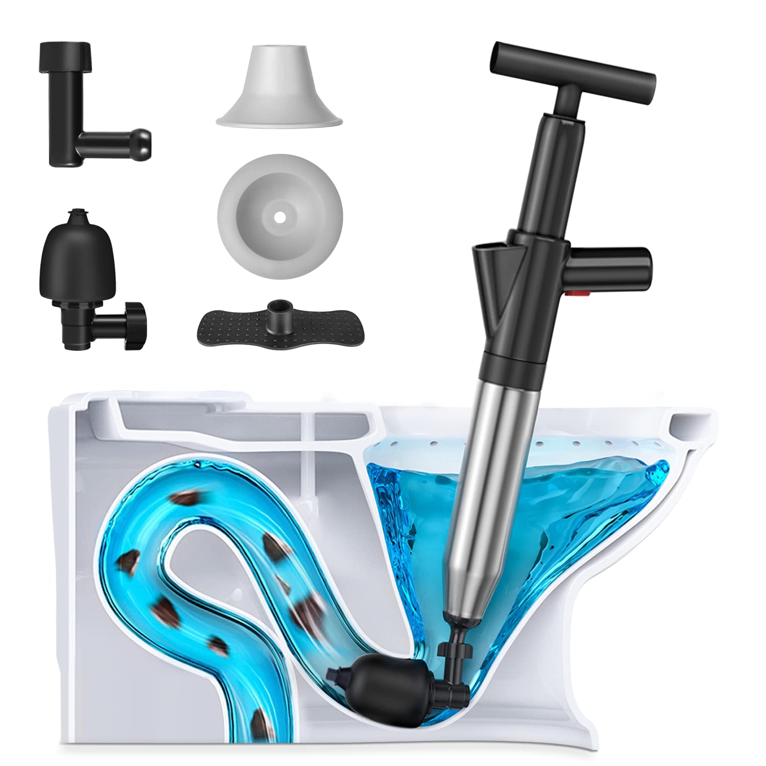 TheElves Toilet Plunger,High Pressure Air Drain Blaster Kit,Stainless ...
