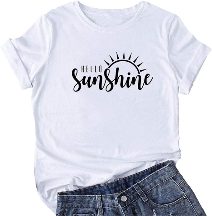 Mikialong Hello Sunshine T Shirt Women Cotton Graphic Shirts Short ...