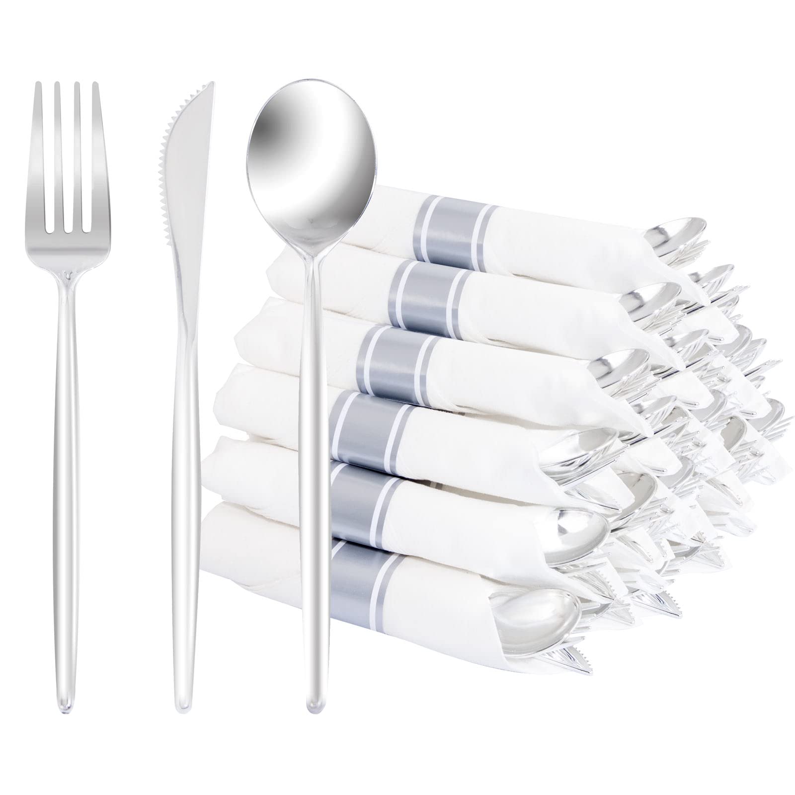 LUODA 30 Pack Pre Rolled Silver Plastic Silverware, Heavy Duty Wrapped ...