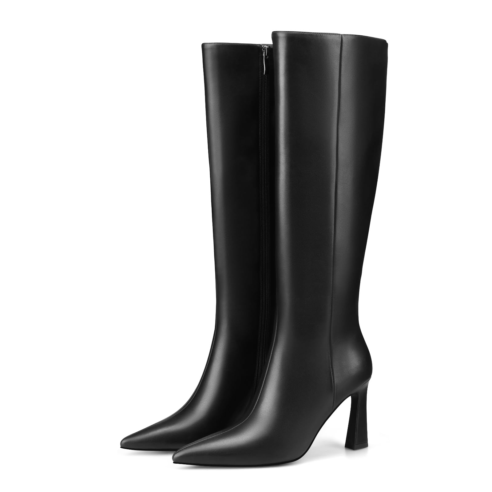 Adrizzlein Black Knee High Boots Women Pointed Toe Chunky High Heel ...