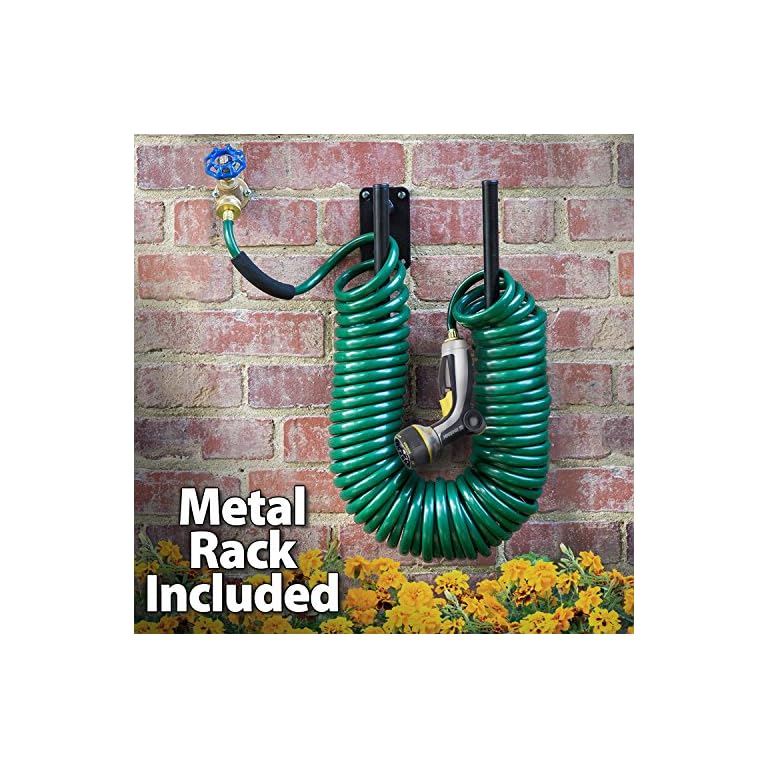 Melnor Garden Coil Hose with All Brass Connectors and Storage Rack ...