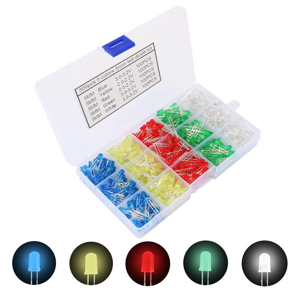 TOOHUI 500Pcs 5mm Led Diodes, Light Emitting Diode, Diodes Resistor Kit ...