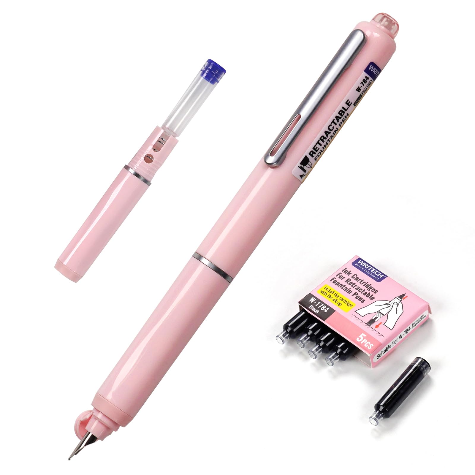 WRITECH Retractable Fountain Pen Set: Black Ink Fine Nib, 5 Refillable ...