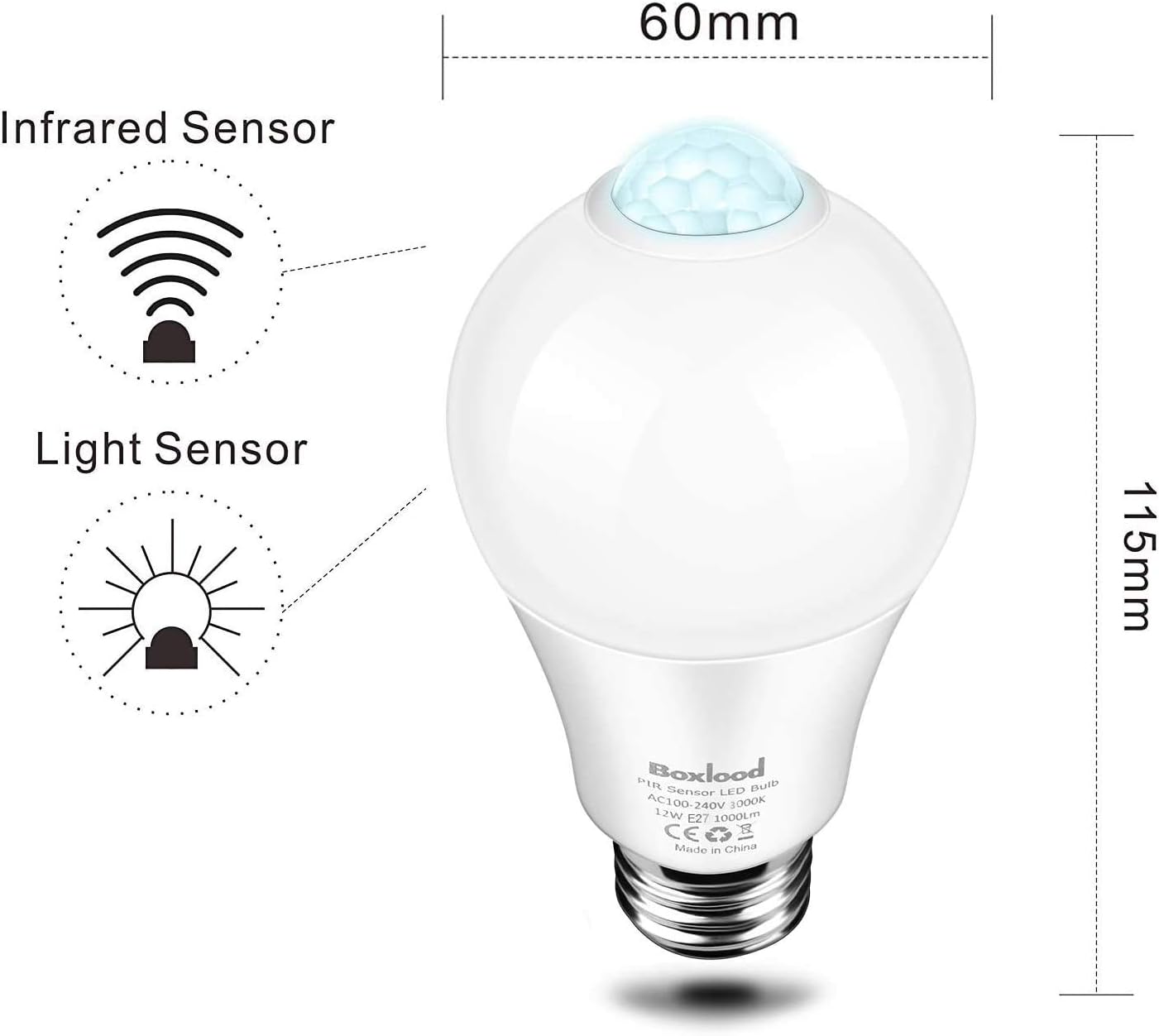 Boxlood PIR Motion Sensor Light Bulb, with Light Sensor, E27 Screw ...