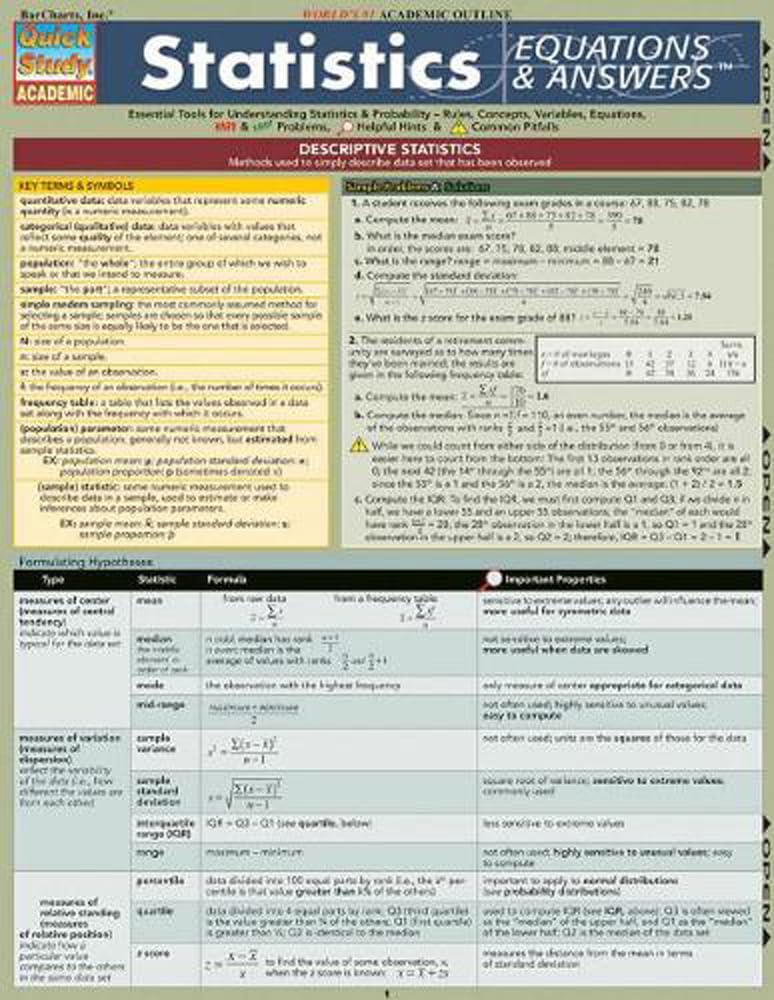 Mua Statistics Equations & Answers QuickStudy Laminated Reference Guide ...