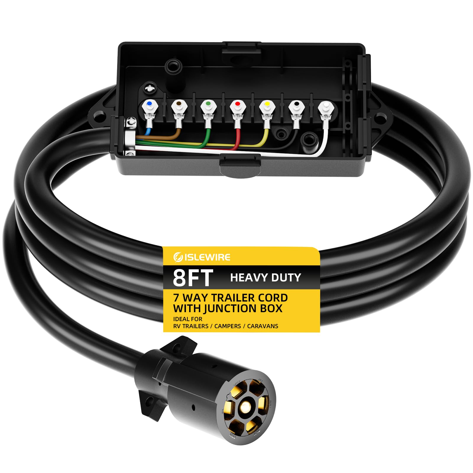 islewire 7 Way Plug Inline Trailer Cord with 7 Gang Junction Box - 8 ...