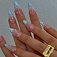 Amazon.com: LOPMNGHT Blue French Tip Press on Nails Medium Almond Shaped False Nails Artificial ...