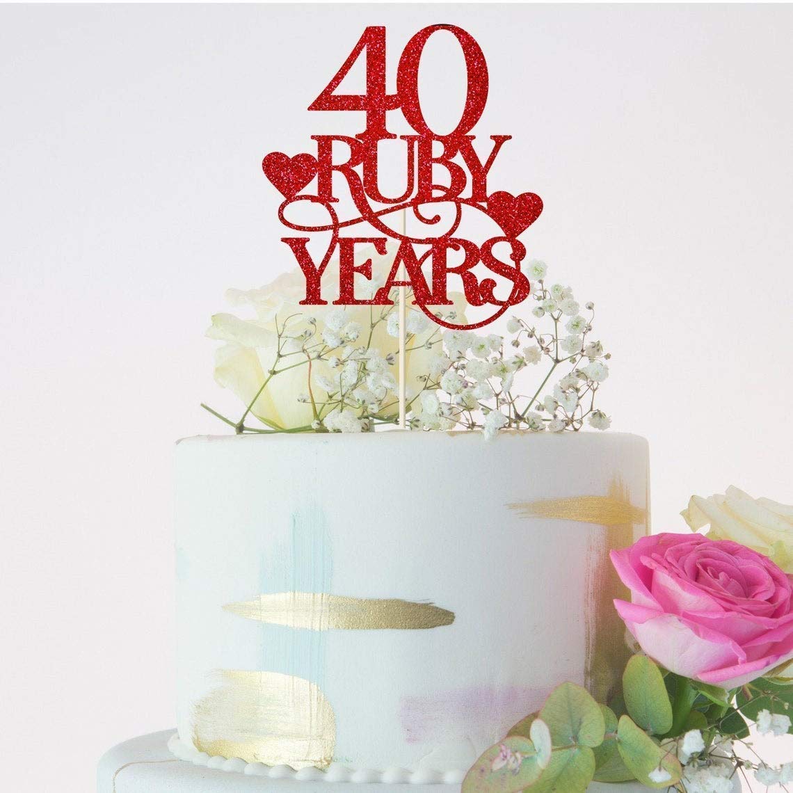 40 Ruby years cake topper/Wedding anniversary red glitter party decor / 40th Ruby years ...