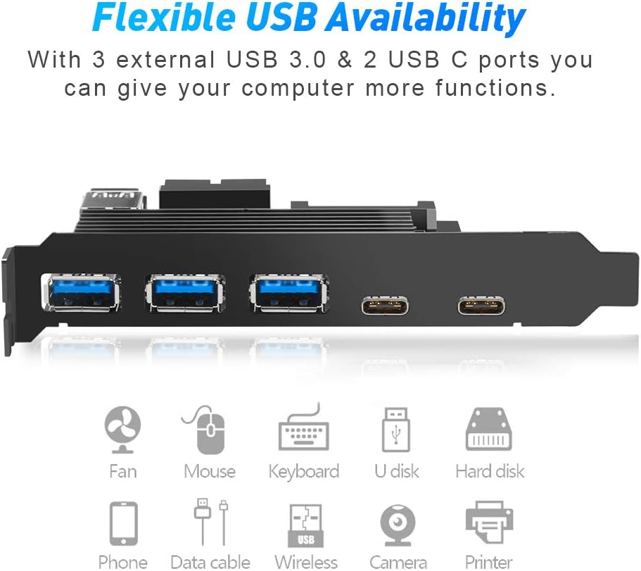 Rocketek 5 Ports USB 3.0 to Expansion Card,3 Port USB 3.0 2 Port Type C ...