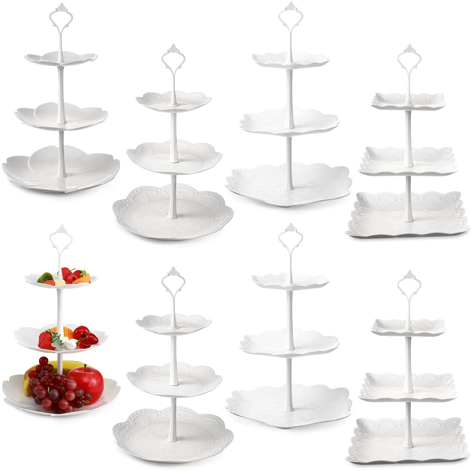 Potchen 8 Sets 3 Tier Cupcake Stand Plastic Tiered Serving Tray Round ...
