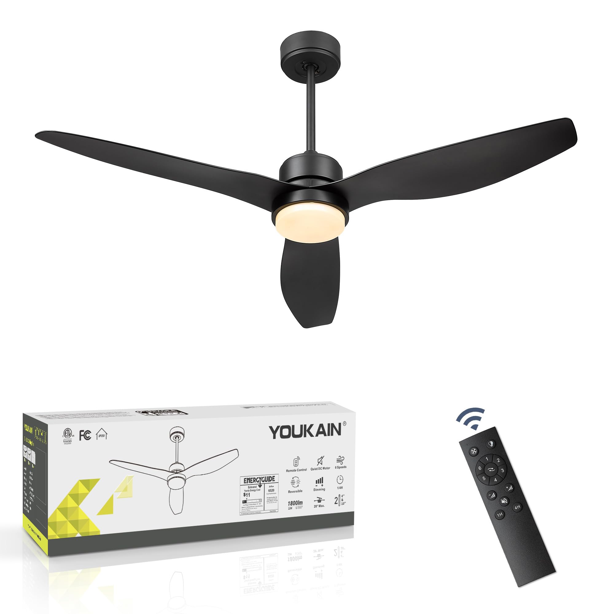 YOUKAIN 52 Inch Indoor/Outdoor Modern Ceiling Fan with Lights and ...