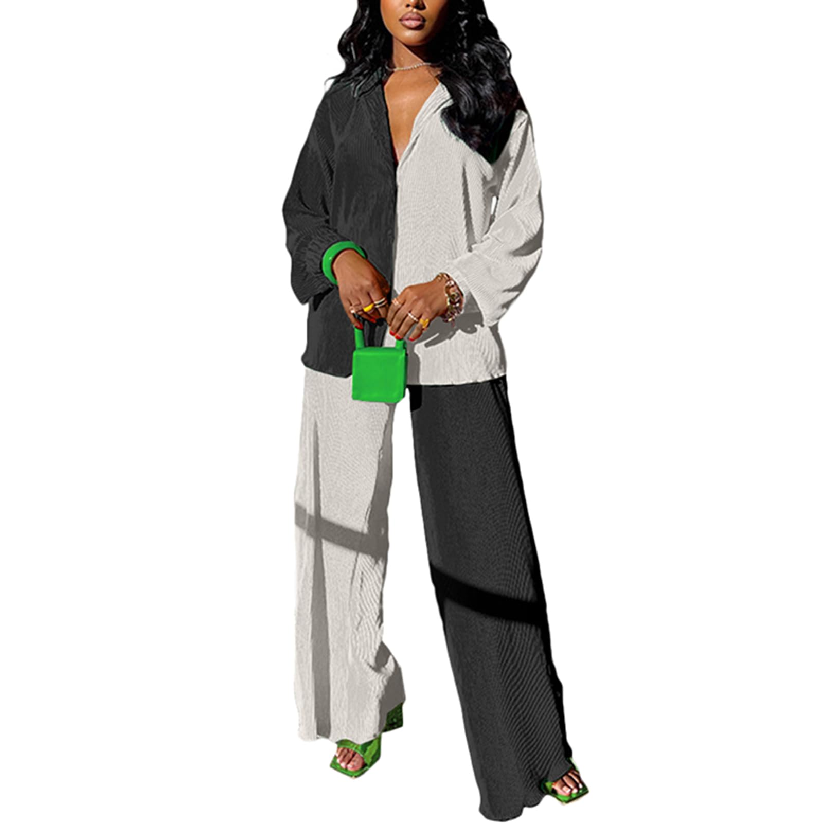 kaimimei Casual 2 Piece Outfit for Women - Linen Long Sleeve Button Down Shirt + Flare Pleated ...