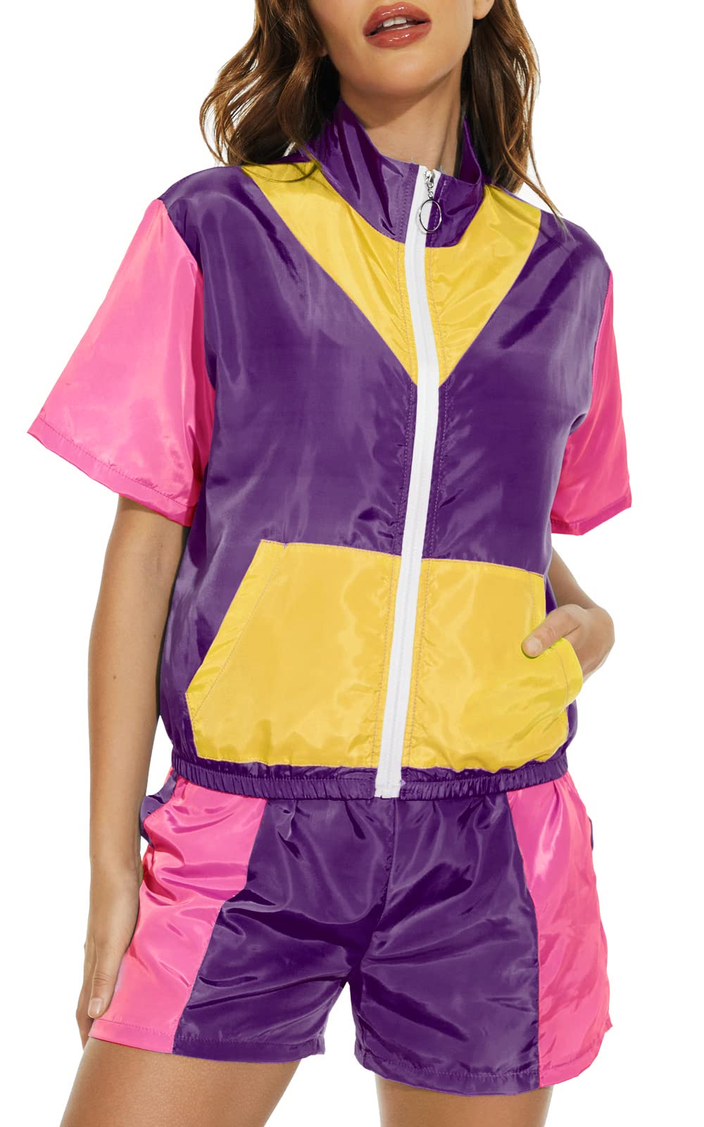 Yisfri Women's Color Block Windbreaker 2 Piece Outfits Short Sleeve Zip ...