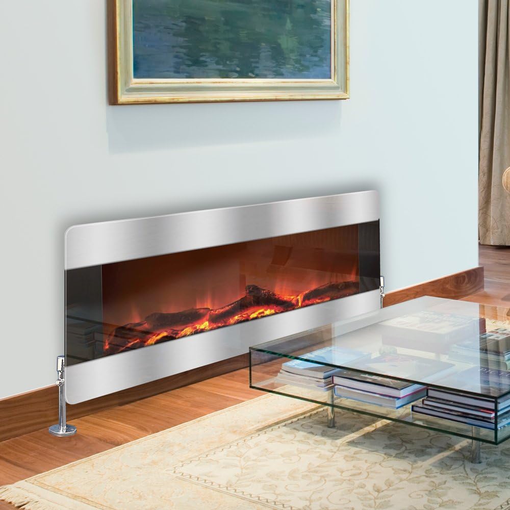 Silver - Real Wood Fire - Printed Glass Radiator Cover in 1420mm Wide x ...