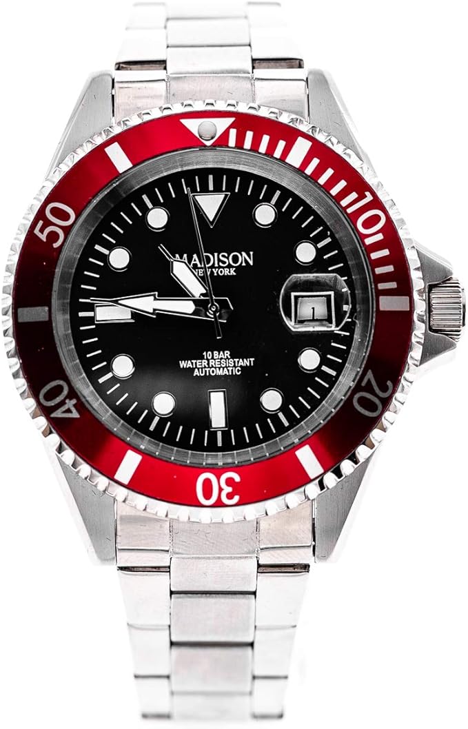 Madison Automatik Herrenuhr Stahlband G2954T12 drehbare rote Lünette ...