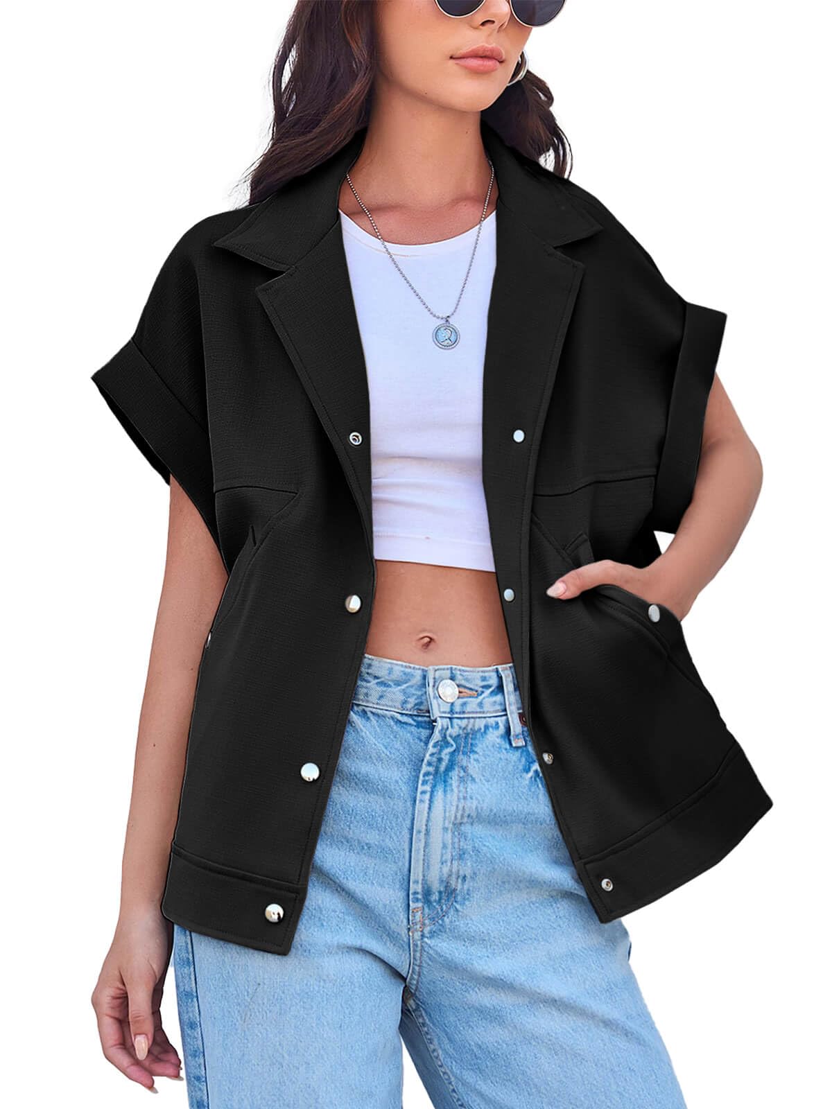 Tankaneo Women's Oversized Vest Casual Wide Short Sleeve Jacket Button ...