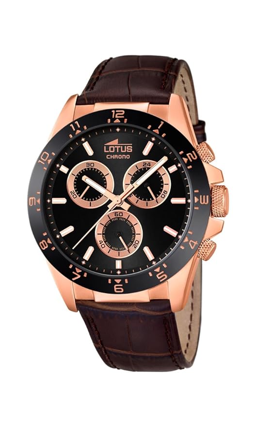 Lotus Men's Quartz Watch with Black Dial Chronograph Display and Brown ...
