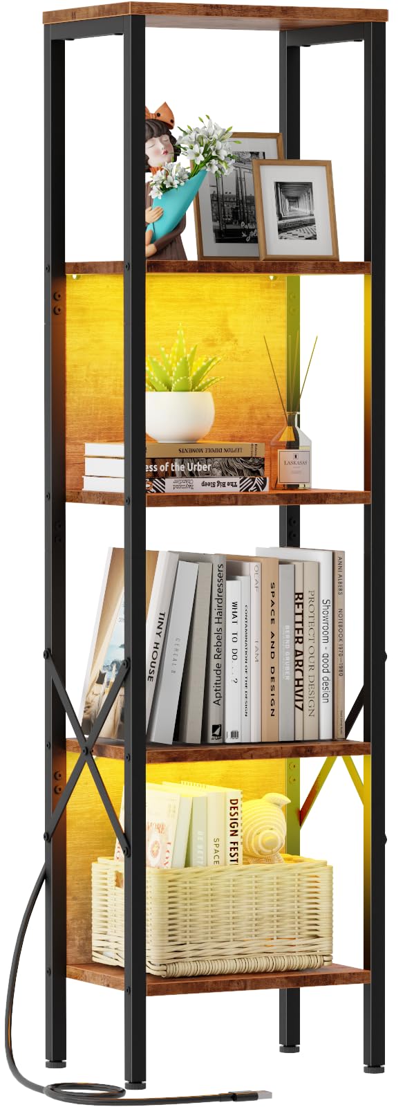 Furologee 5 Tier Book Shelf with LED Light, Tall Display Bookcase with ...