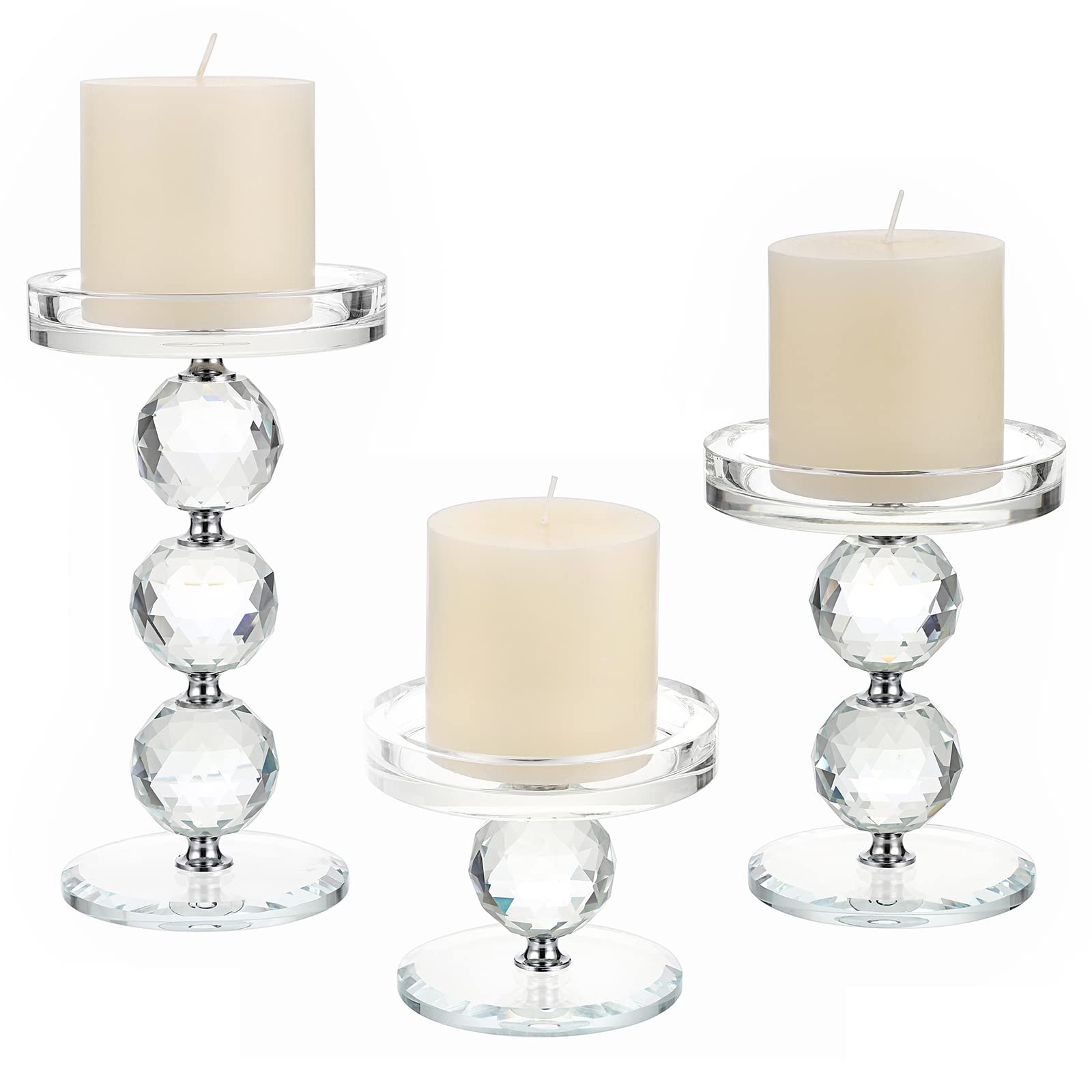 OwnMy Set of 3 Crystal Glass Pillar Candlestick Holders Clear Pillar ...