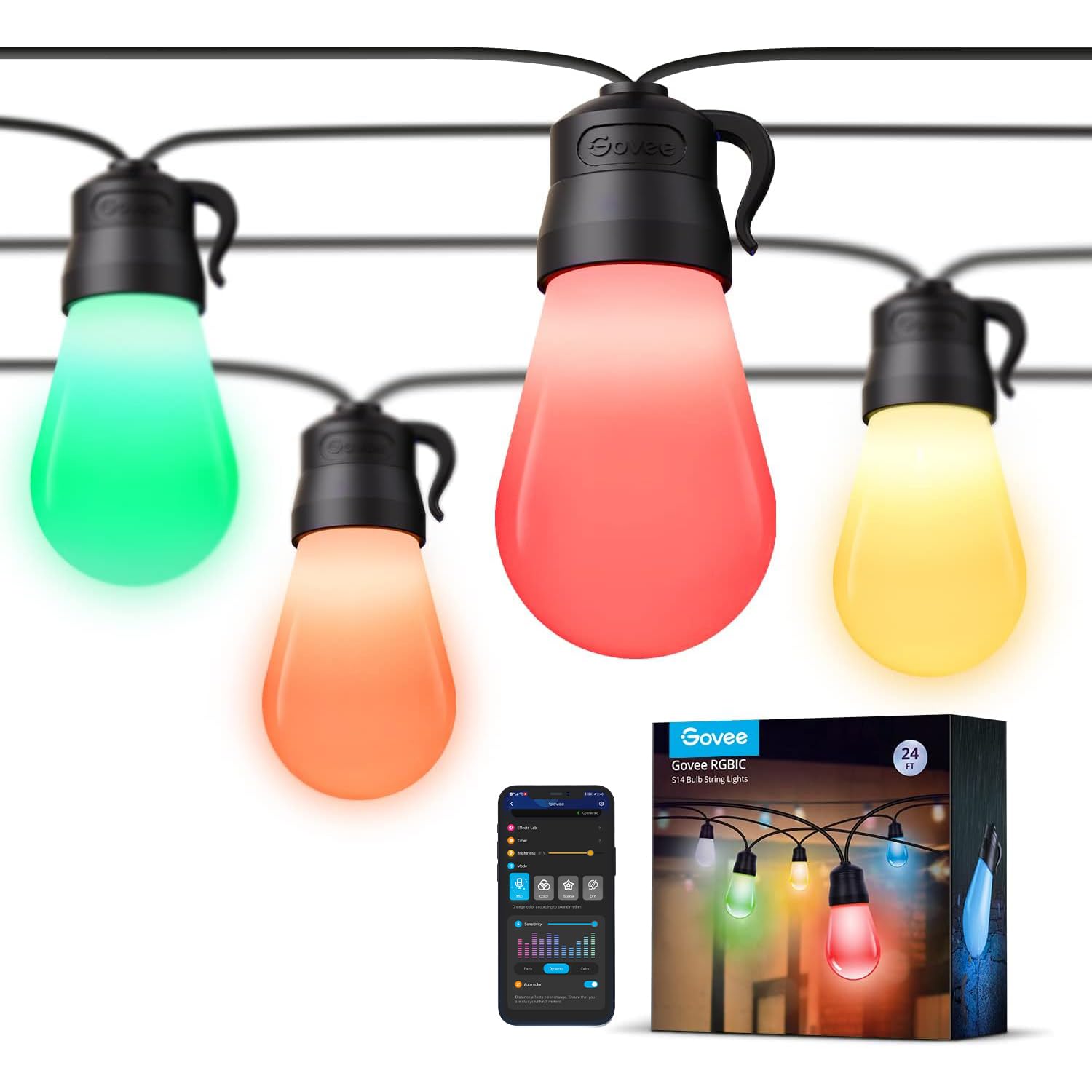 Govee Smart Outdoor String Lights with 8 Dimmable RGBIC LED Bulbs, 24ft ...