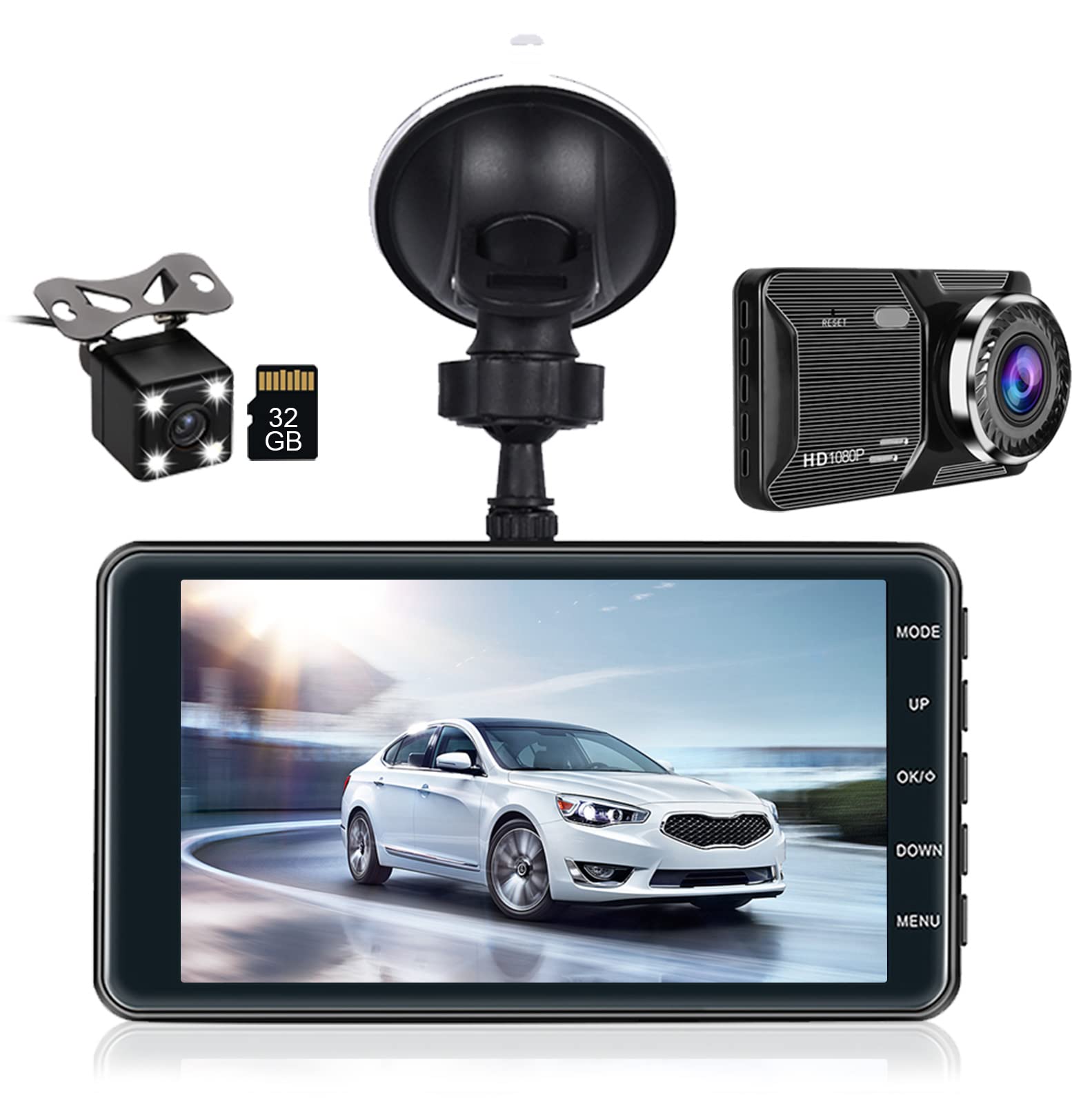 Roinvou Dual Dash Cam Front and Rear View, 4'' LCD Touch Screen FHD ...