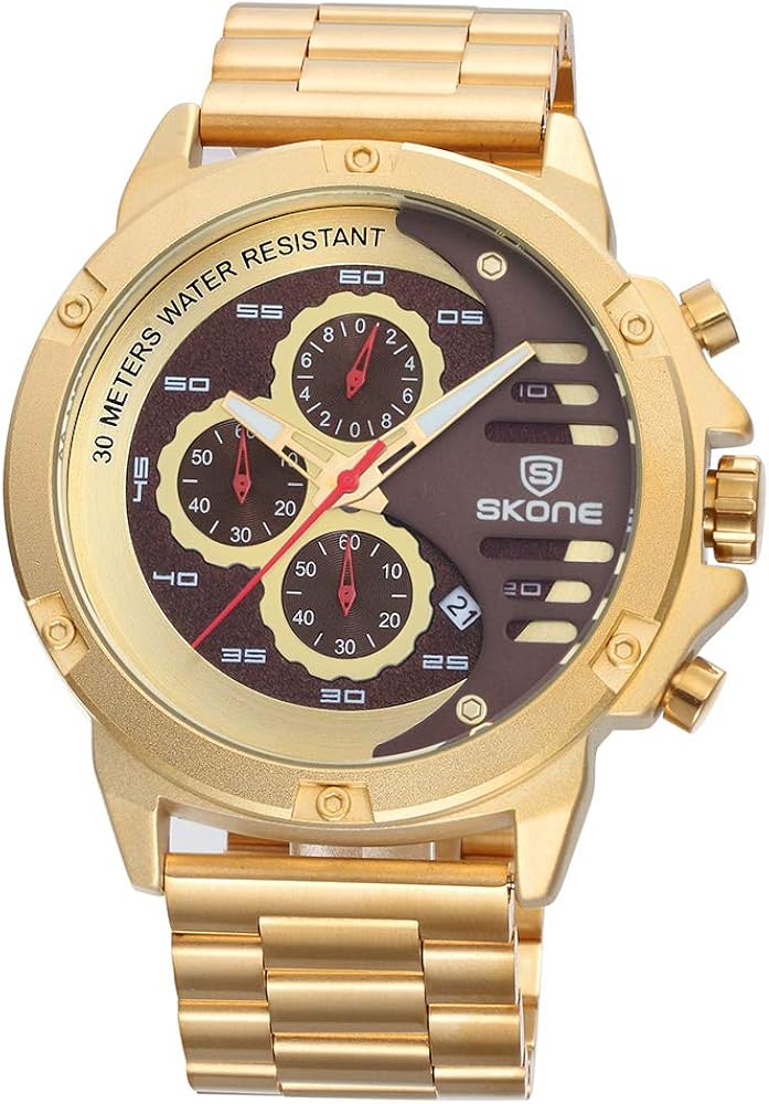 SKONE Fashion Gold Watches for Men, Analog Quartz Chronograph ...