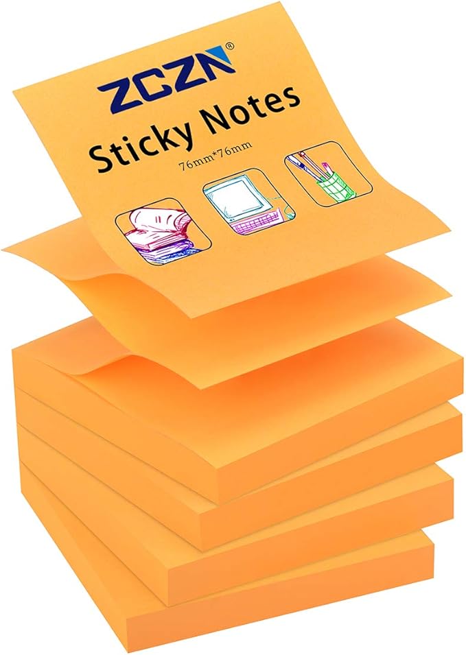 ZCZN Pop-up Sticky Notes 76 x 76 mm, 4 Pads Bright Colour Self-Stick ...