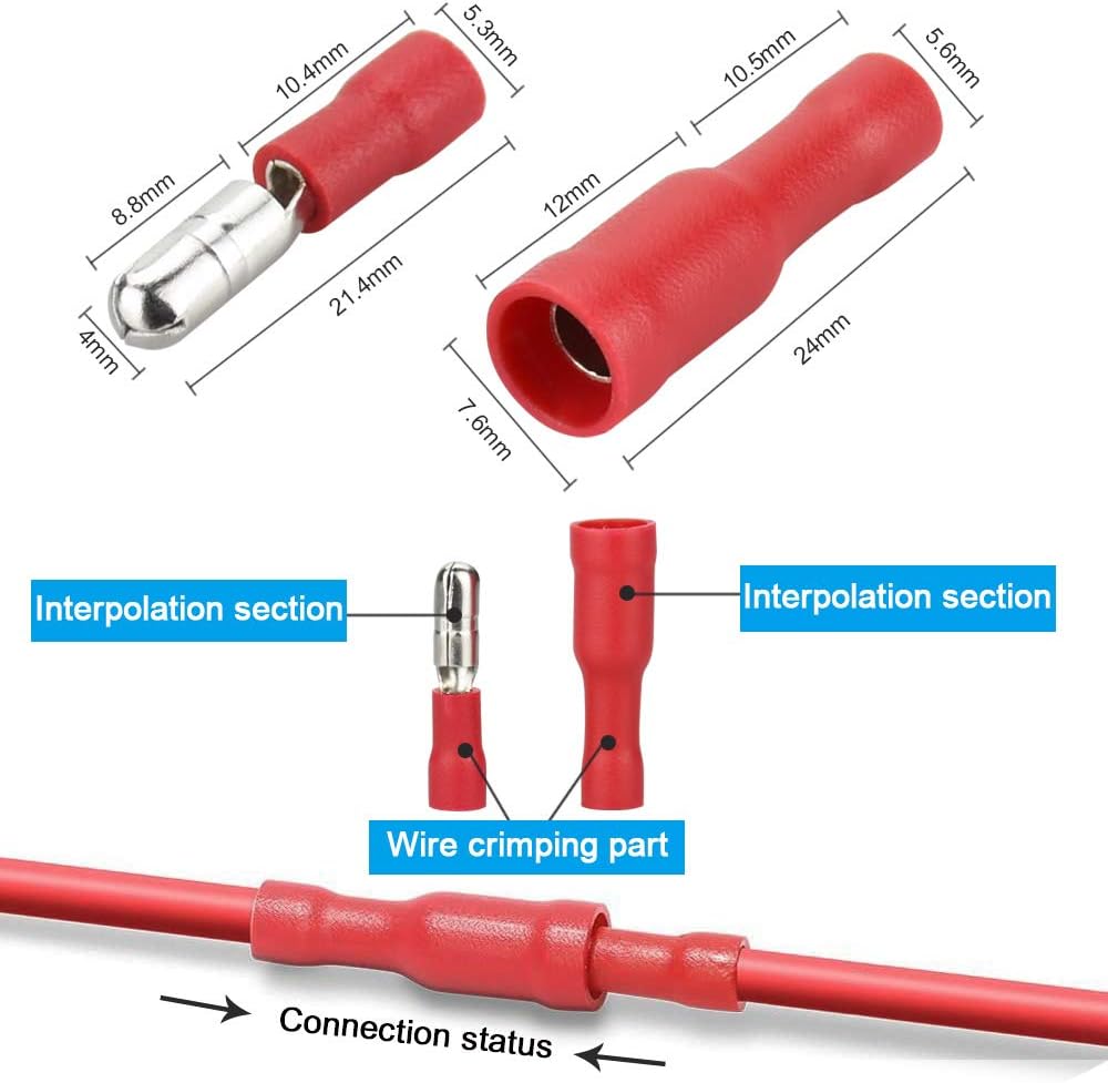 TANCUDER 100 Pcs Red Bullet Connector Bullet Crimp Connectors Insulated ...