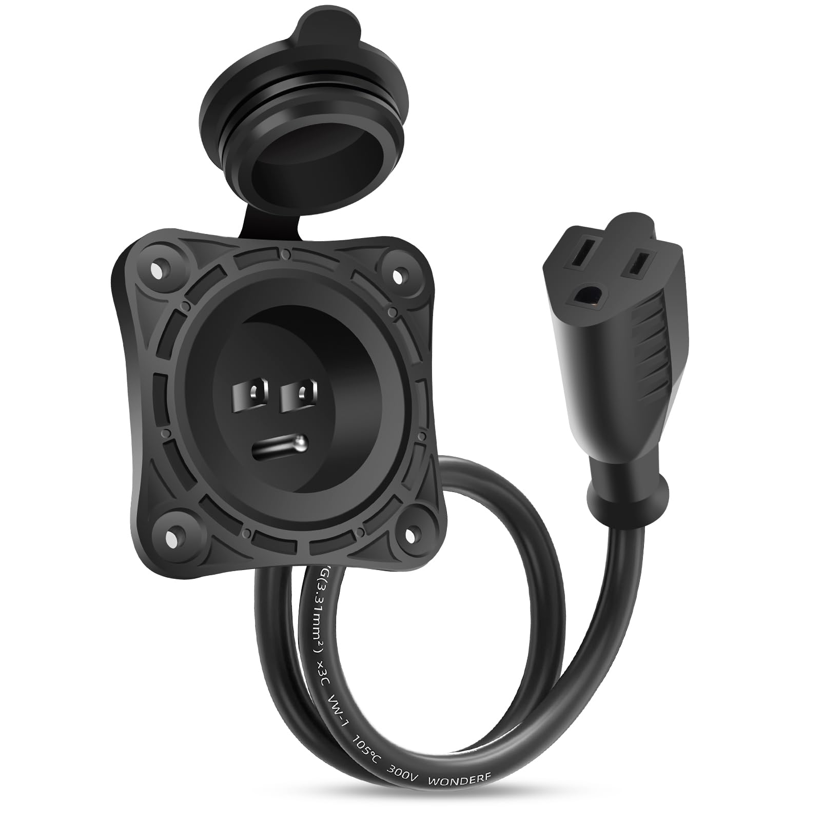 FMATOZ 1 Pack 15 Amp RV Shore Power Inlet Socket,125V AC Port RV Plug Receptacles 18" NEMA 5-15 ...