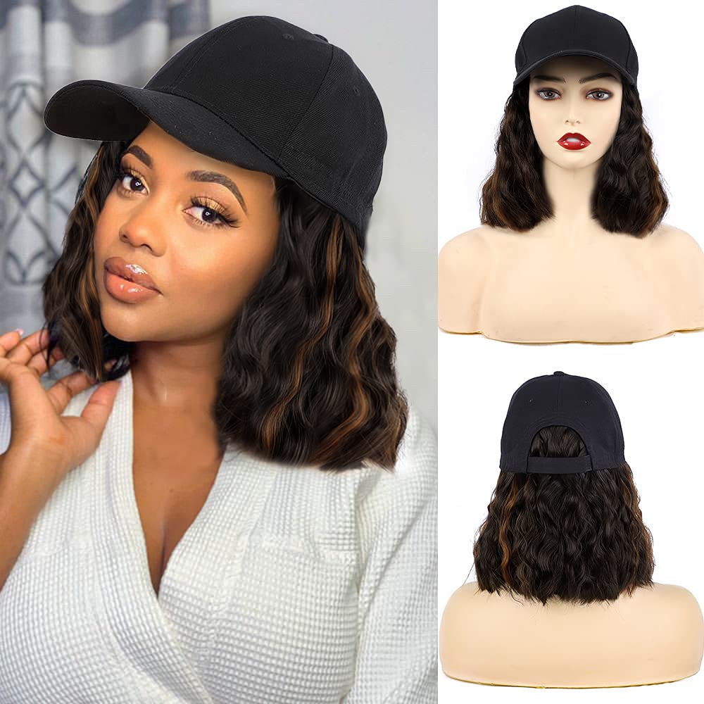 CHRSHN Short Wave Baseball Cap Wig with Curly Hair Extension Synthetic ...