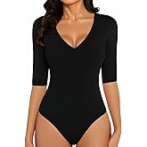 Amazon.com: MANGOPOP Sweetheart V Neck Bodysuit for Women Short Sleeve Long Sleeve Body Suits ...