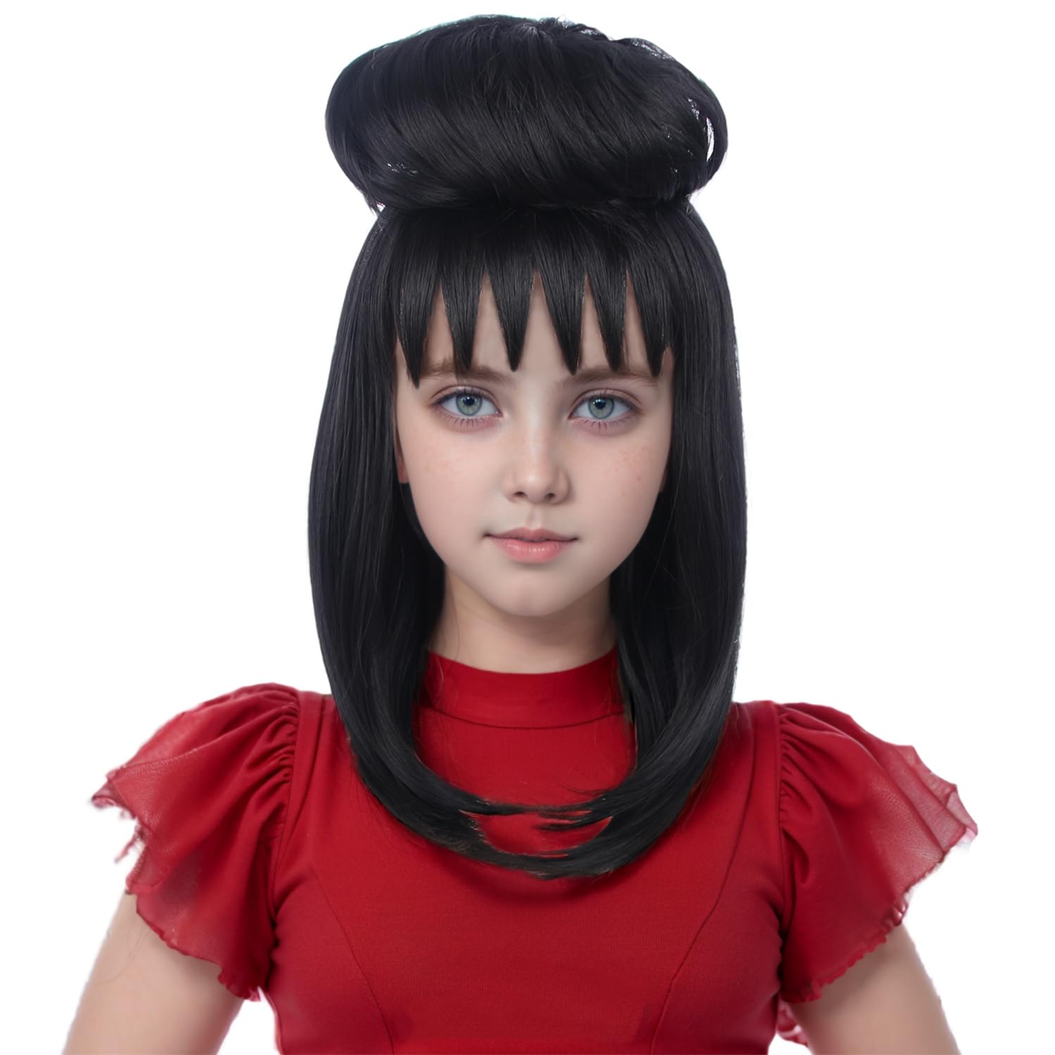WAVELNM Kids Black Wig with Bangs Child Straight Black Wig with Bun for ...