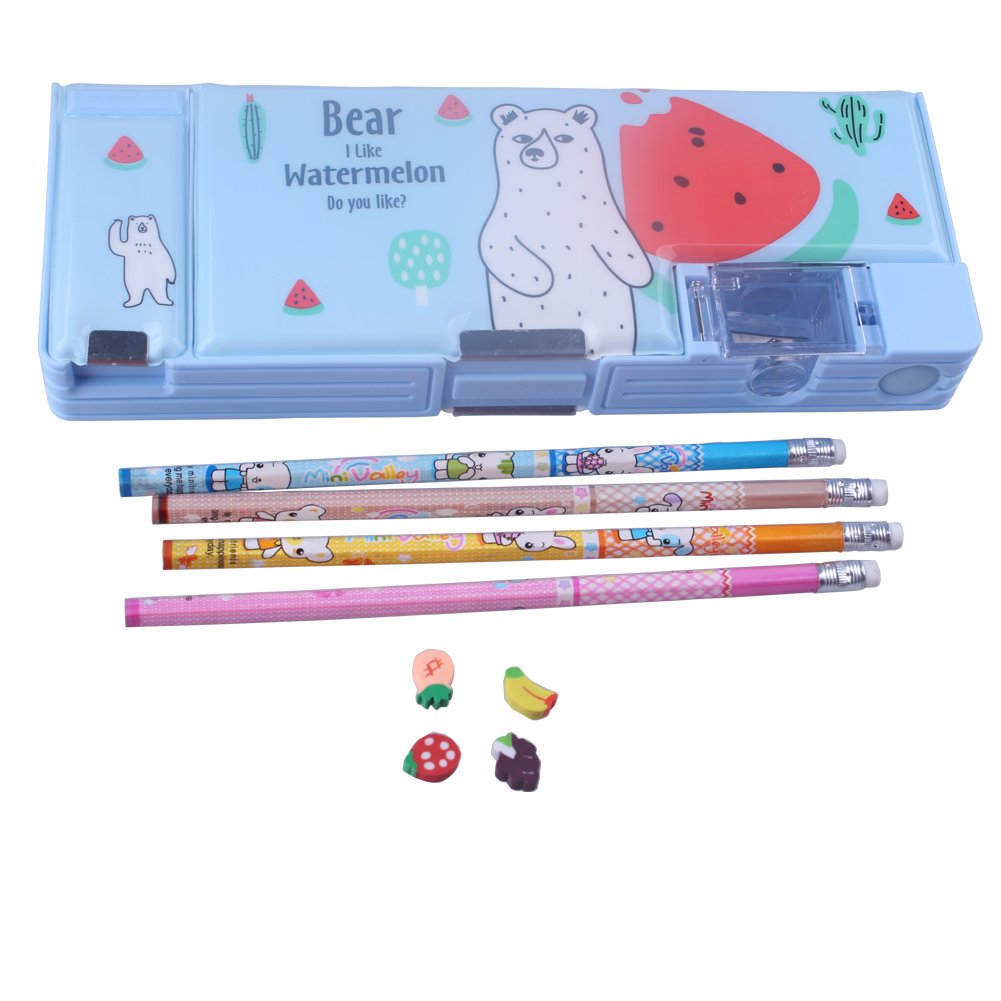 Kids Boy Girl Student Blue Multifunctional Plastic Pencil Box Case with ...