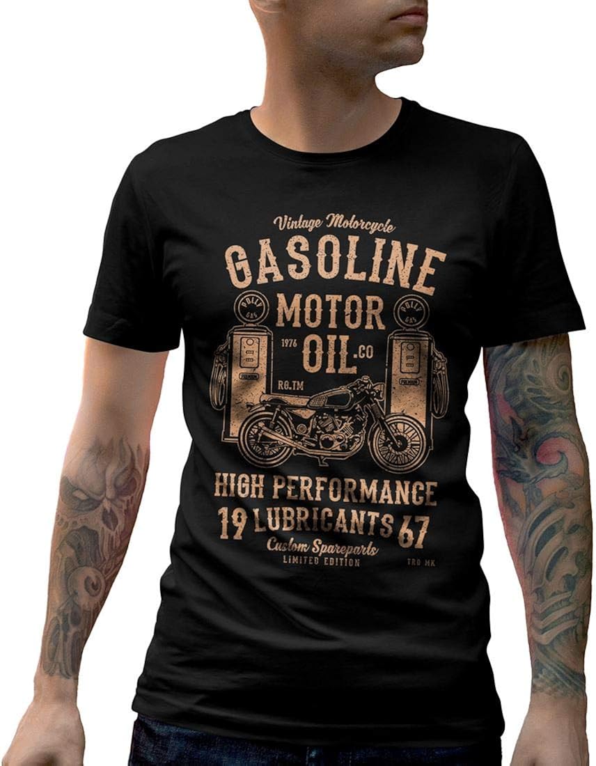 Gasoline Motor Oil Motorcycles Mens Crew Neck T-Shirt: Amazon.co.uk ...
