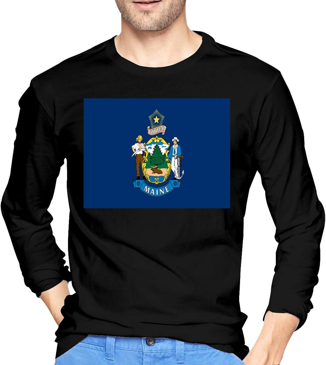 Maine Flag Men's Long Sleeve T-Shirt Cotton Crew Neck Shirts: Amazon.ca ...