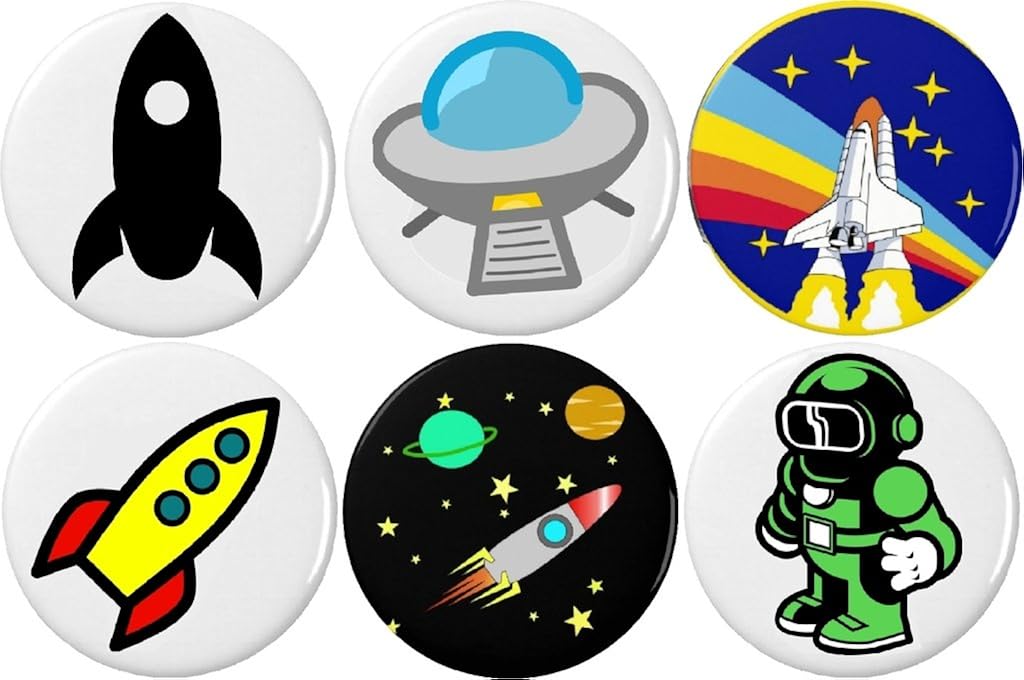 Amazon.com: Set 6 Space Themed Pinback Buttons Pins Spaceship Astronaut ...