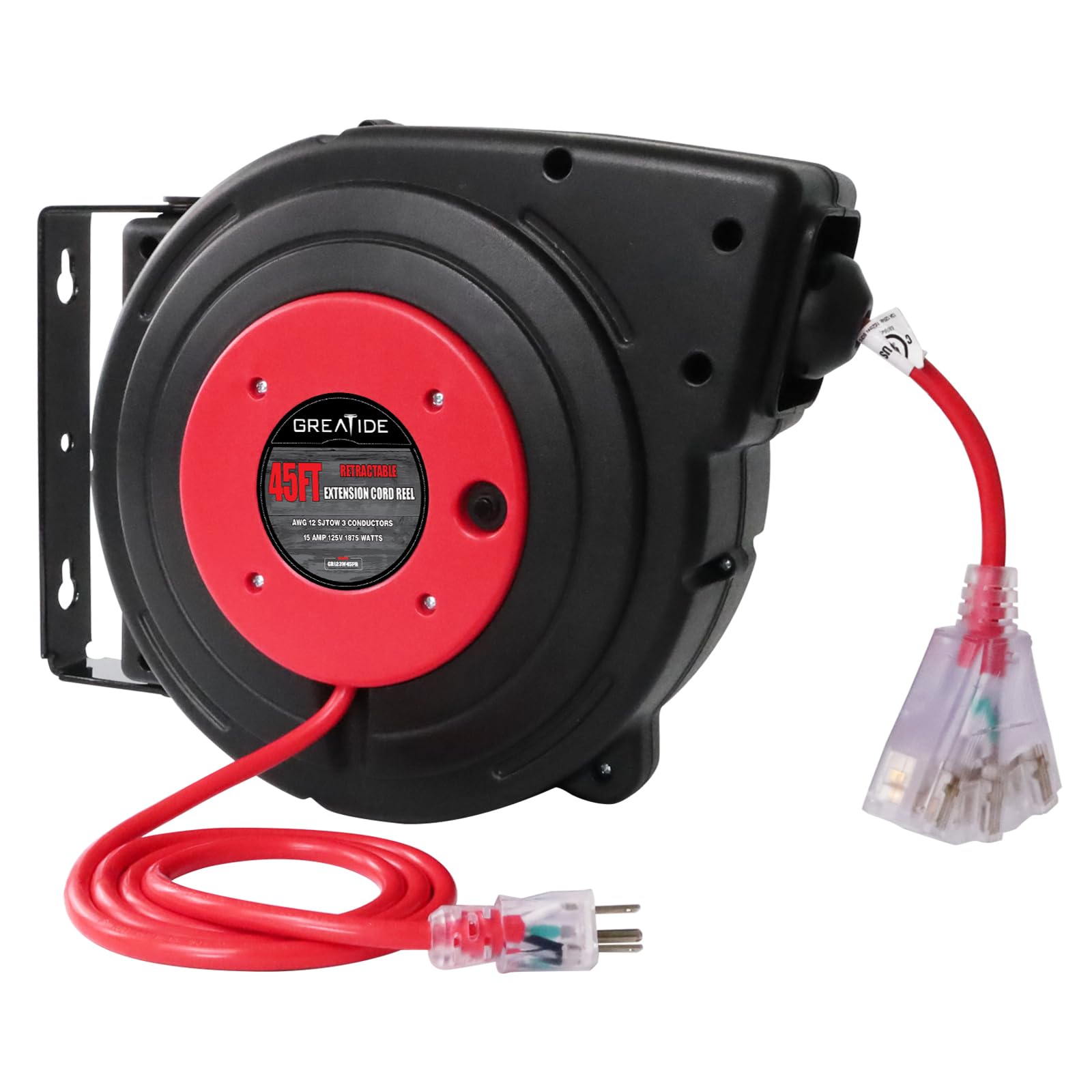 GREATIDE 45 Ft Retractable Extension Cord Reel, 12 AWG/3C SJTOW Heavy ...