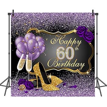 Amazon.com : Mehofoto 8x8ft Happy 60th Birthday Backdrop Glitter Purple and Gold Birthday Party ...