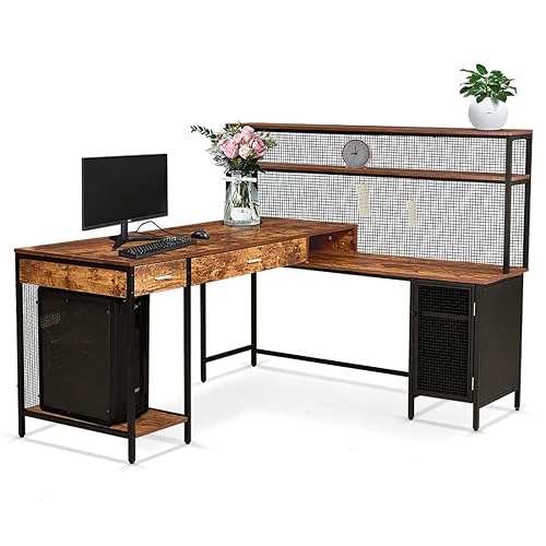 LIFEFAIR L-Shaped Desk with 2 Drawers and Cabinet, Industrial Style ...