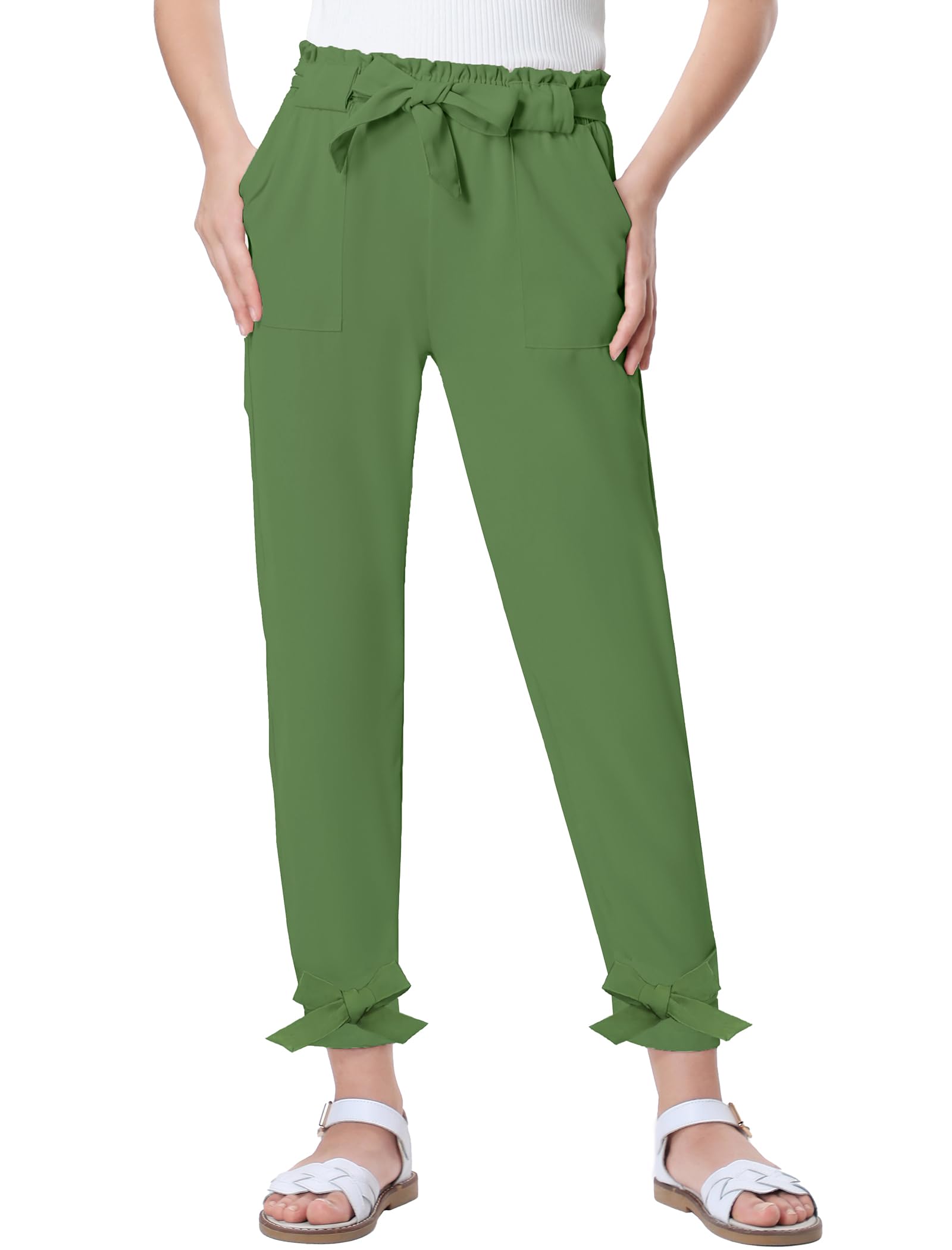 Mebius Girls Elastic High Waisted Pants Paper Bag Tapered Belted with ...